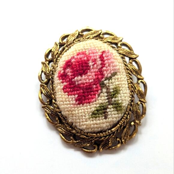 Unbranded | Jewelry | Vintage Gold Tone Petit Point Rose Flower Floral ...